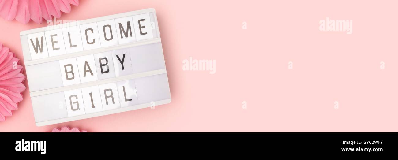 Welcome baby girl. Banner with lightbox and tissue paper fans in a pink ...