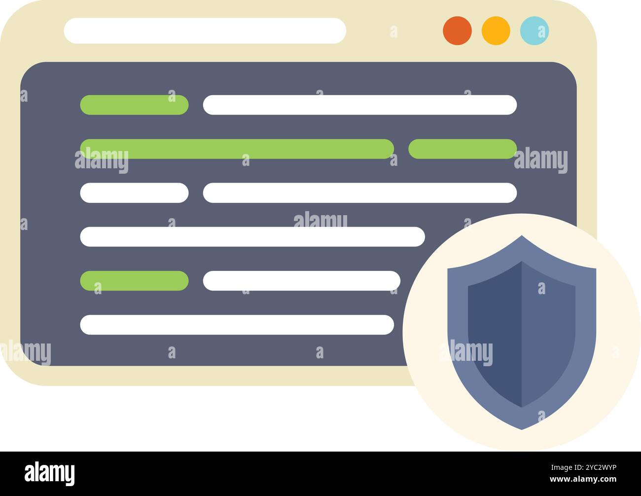 Web browser window with a shield icon, representing a secure platform protecting user data and ...