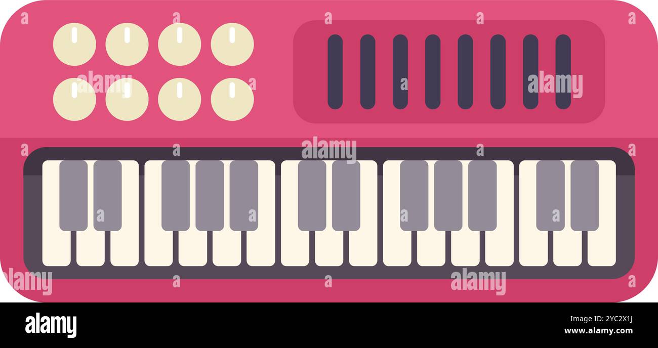Pink electronic synthesizer keyboard playing music, flat vector ...