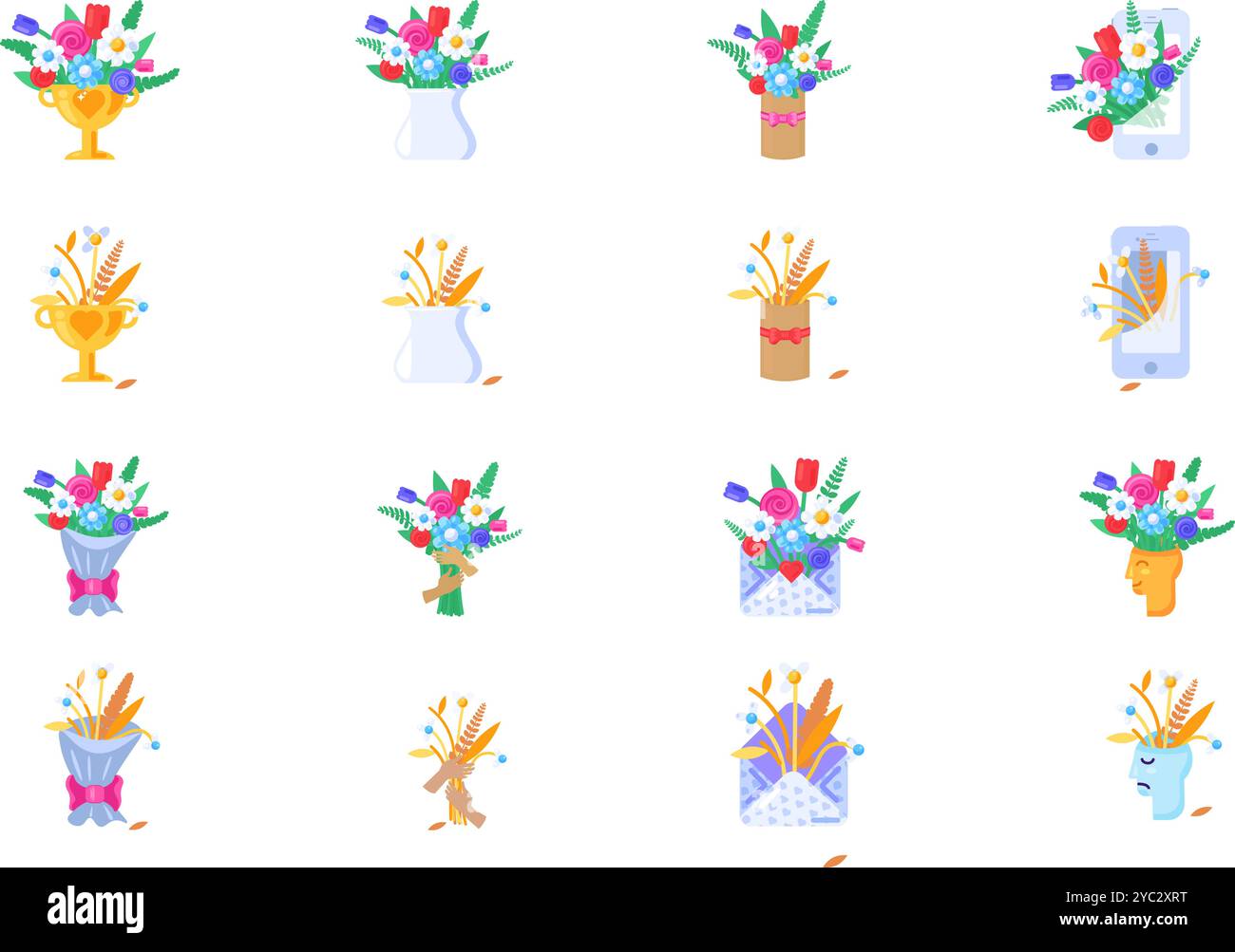Set of vector graphic illustrations with flowers in a vibrant palette ...