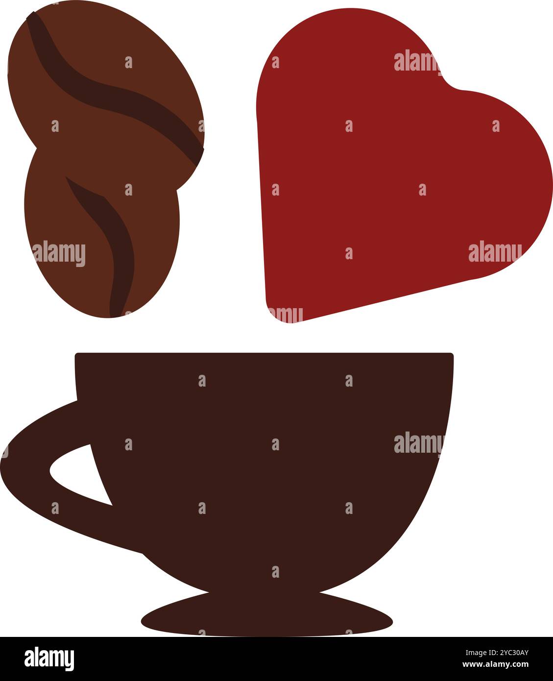 Vector illustration of a cup, coffee beans, and a heart symbol in solid ...