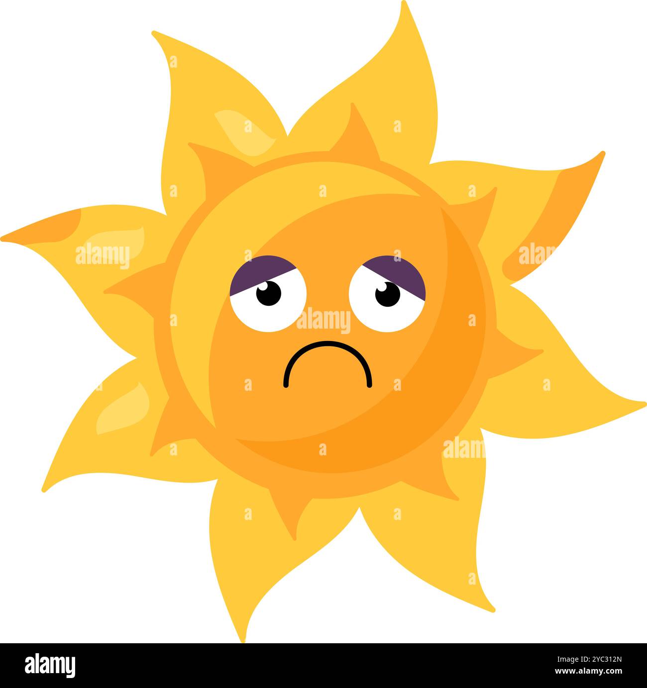 A vibrant vector illustration of stylized sun with a pensive sad face ...