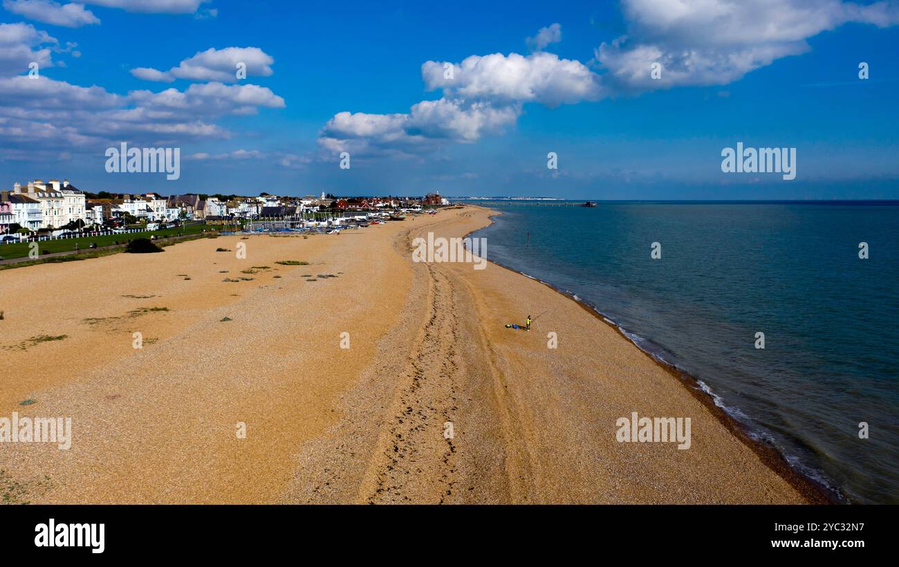 Aerial view of Walmer Beach, looking East towards Deal Pier, Kent, UK ...