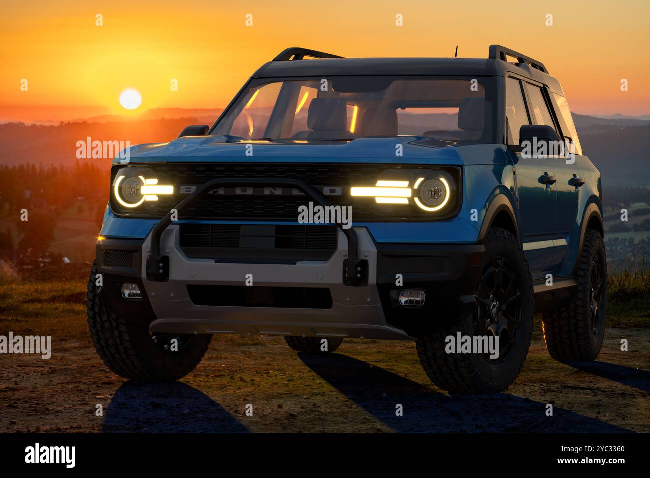 New Ford Bronco Sport in a mountain glade during sunrise Stock Photo ...