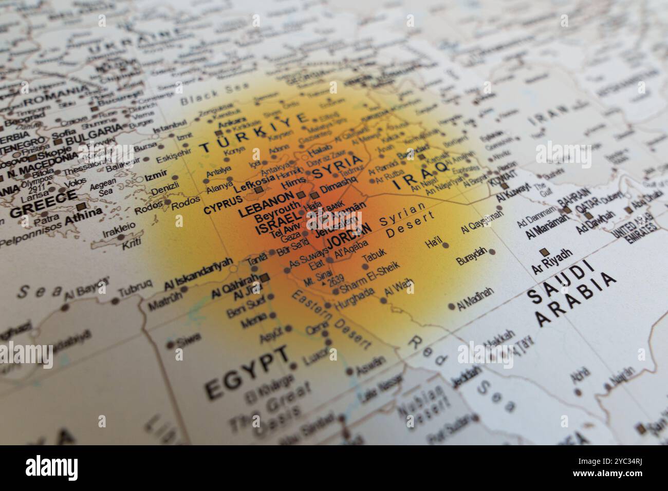 highlighted red conflict zone in the middle east area on geopolitical ...