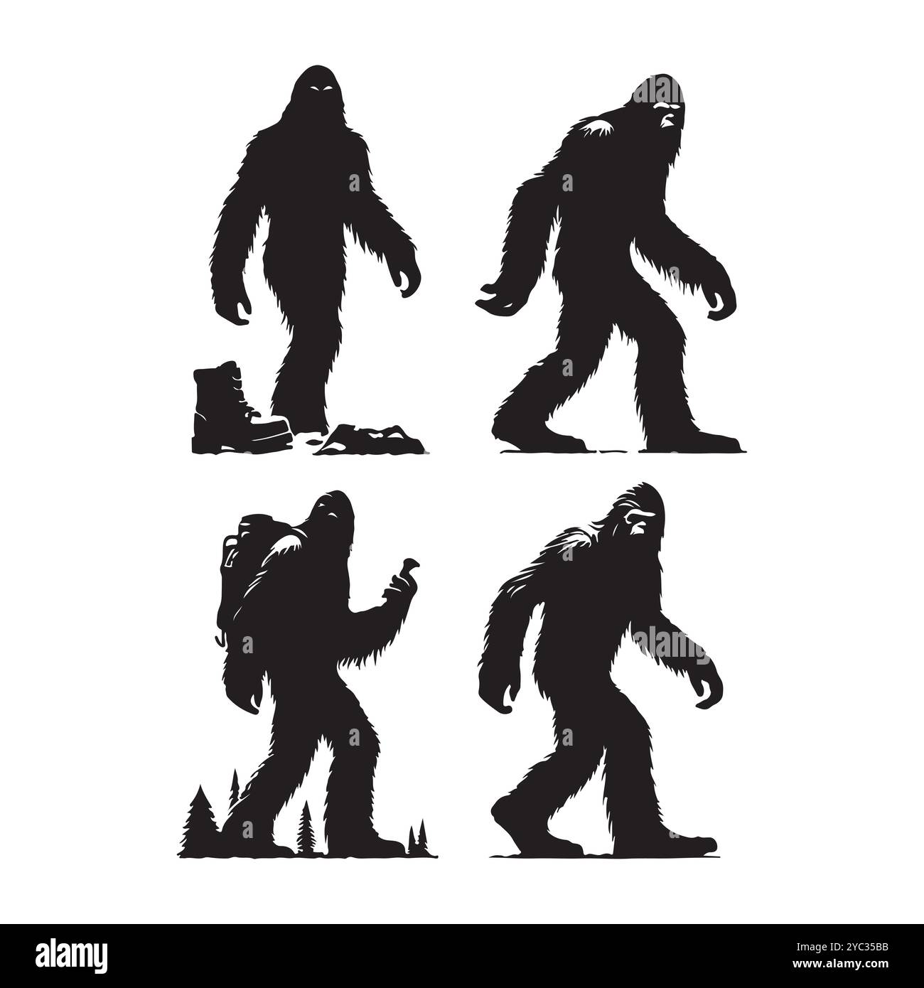 Set of sasquatch silhouettes isolated on a white background, Vector ...