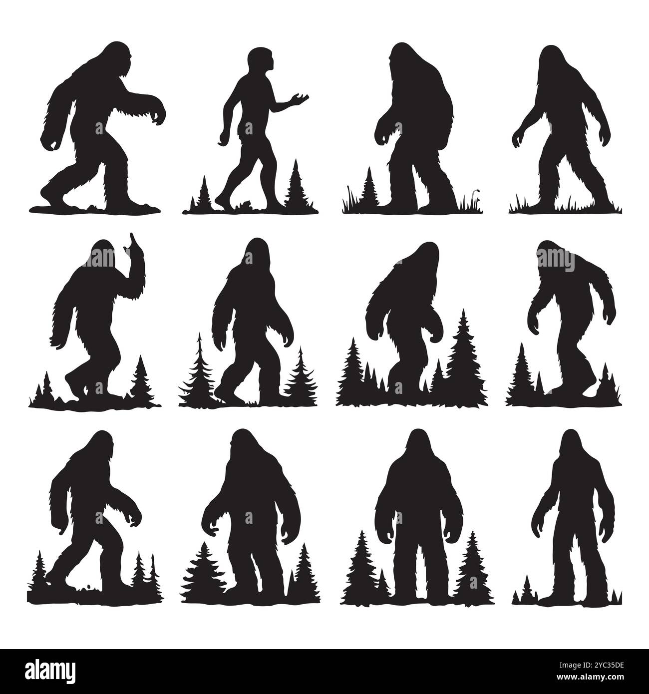 Set of sasquatch silhouettes isolated on a white background, Vector ...