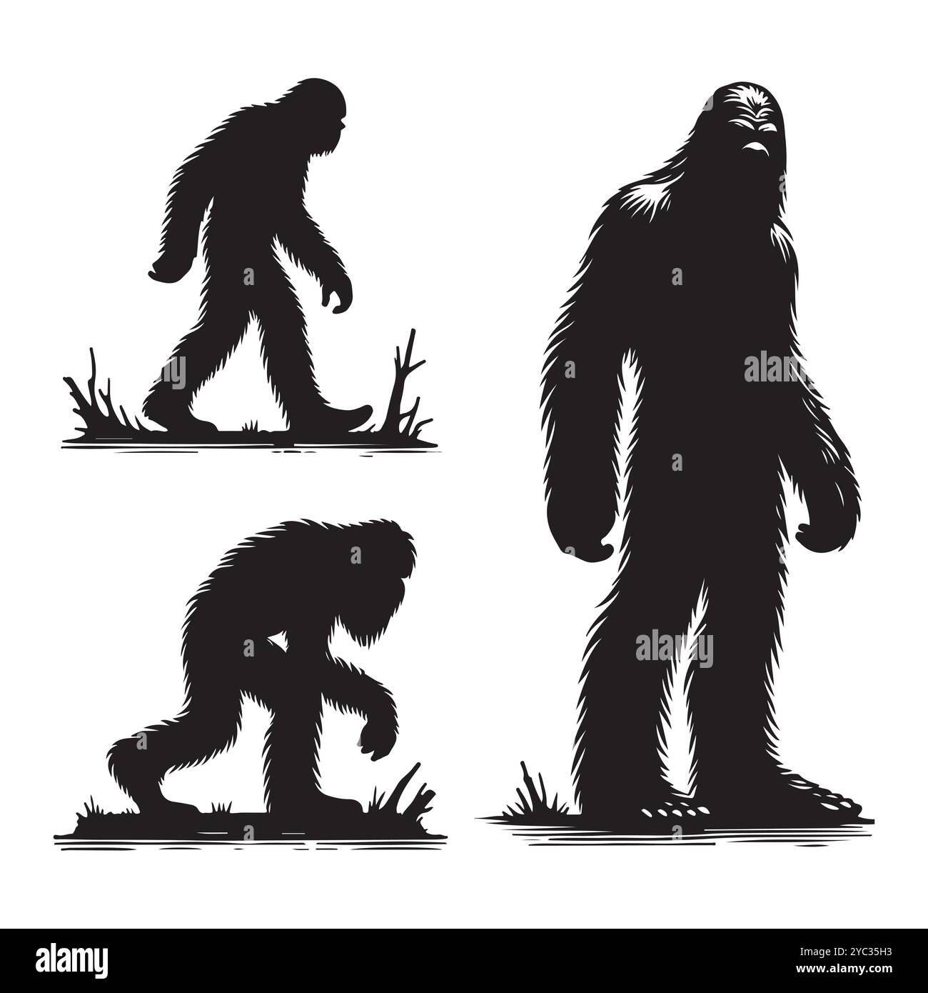 Set of sasquatch silhouettes isolated on a white background, Vector ...