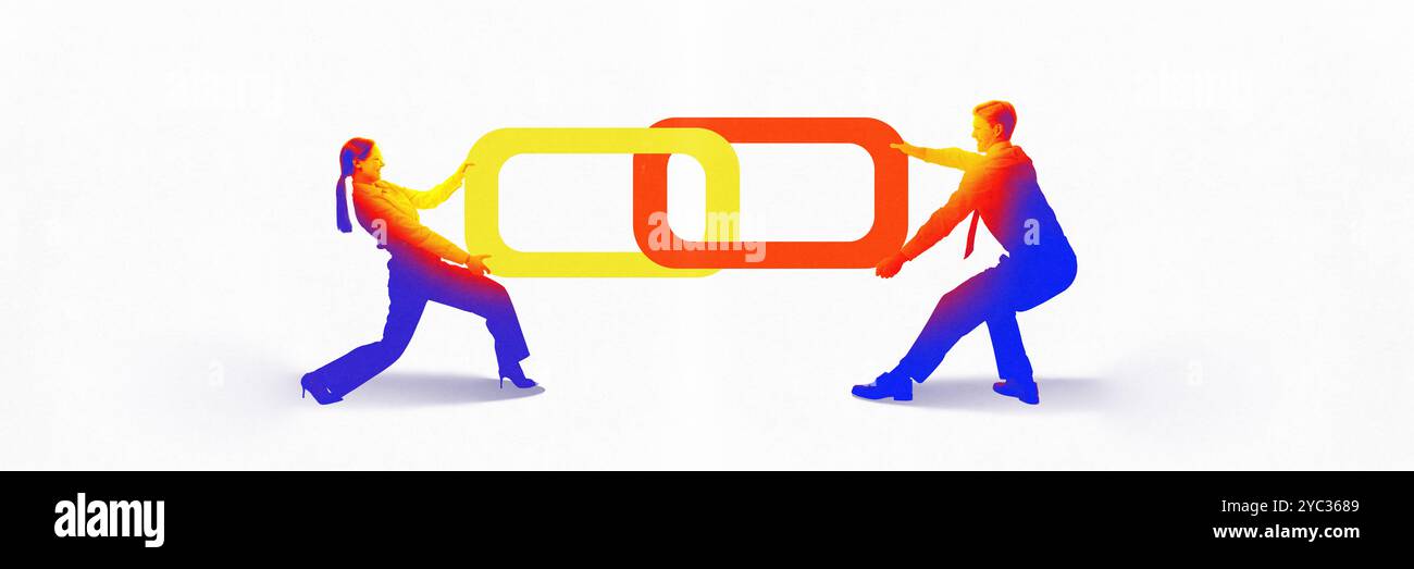 SEO, link building. Business professional connecting linked chains ...