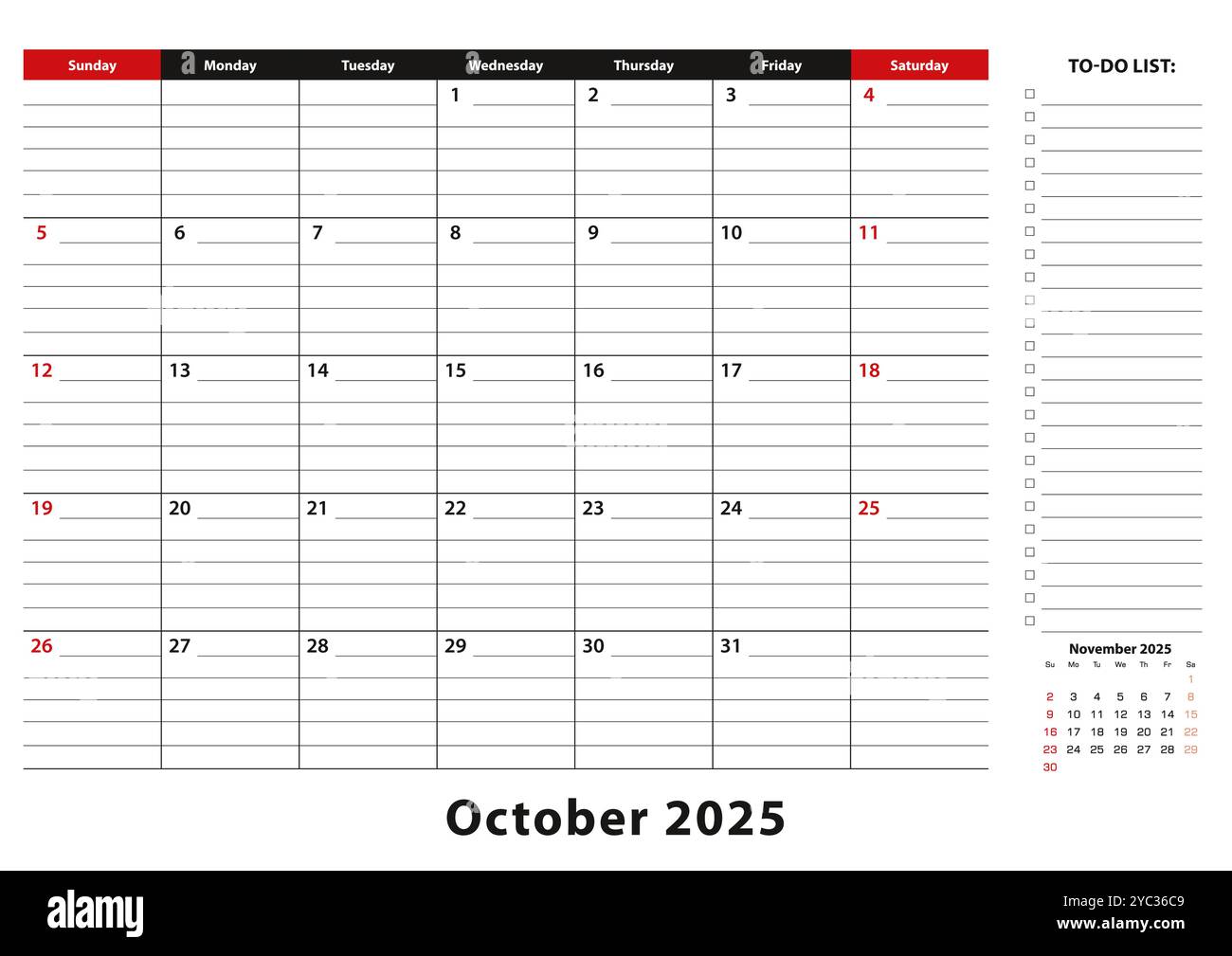 October 2025 Monthly Desk Pad Calendar week starts from sunday, size A3 ...