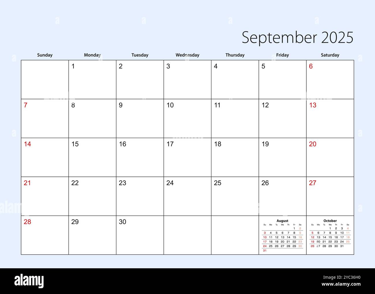 Wall calendar planner for September 2025. English language, week starts ...