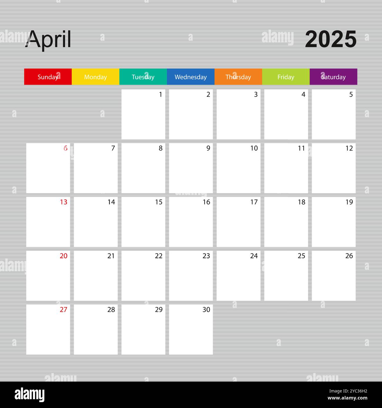 Calendar page for April 2025, wall planner with colorful design. Week ...