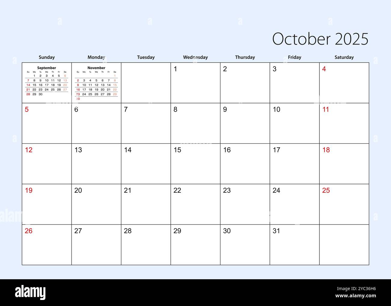 Wall calendar planner for October 2025. English language, week starts ...