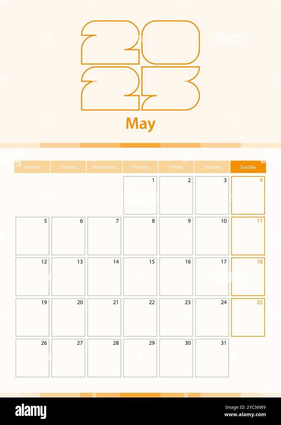 Modern vector vertical calendar sheet for May 2025, planner in English ...