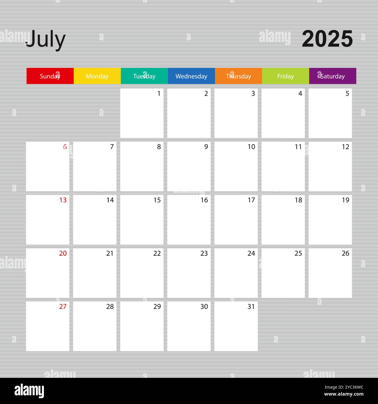 Calendar page for July 2025, wall planner with colorful design. Week ...