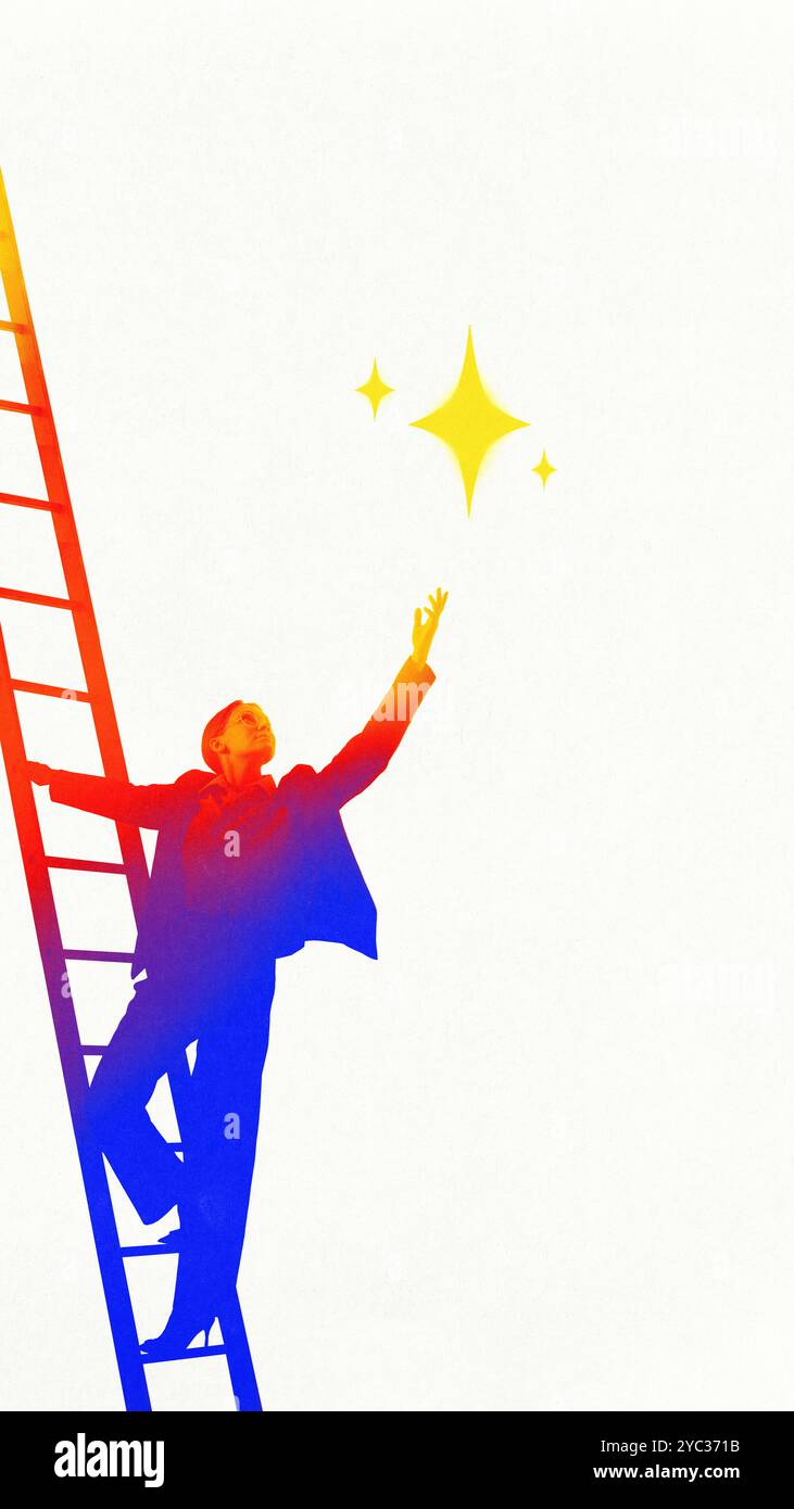 Man on ladder reaching for stars. Climbing the ladder of success ...