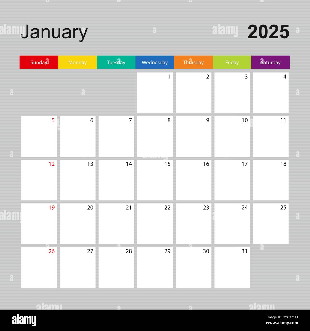 Calendar page for January 2025, wall planner with colorful design. Week ...