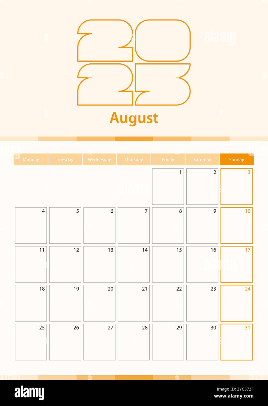 Modern vector vertical calendar sheet for August 2025, planner in ...