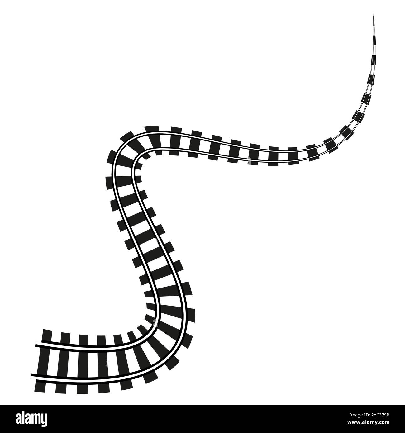 Curved railroad track in black and white. Railway transportation icon. Simple vector design for ...