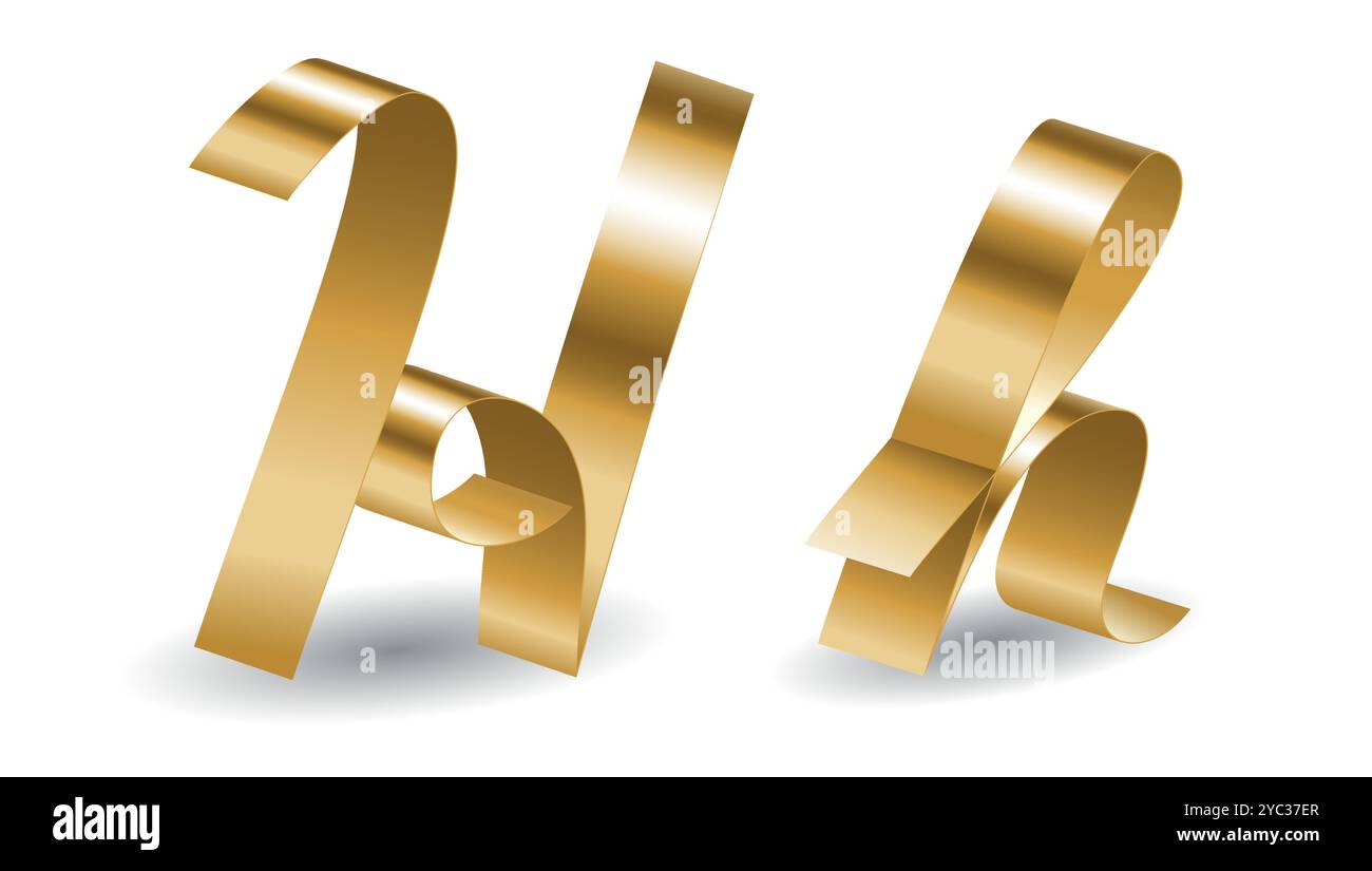 Shiny gold ribbon H letters of the English alphabet on a white ...