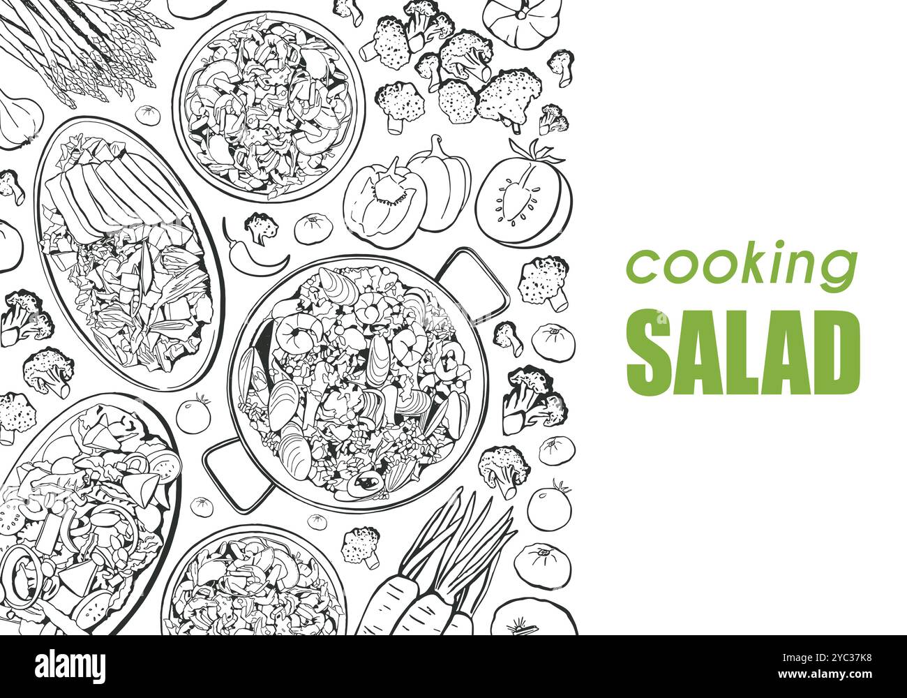 Hand drawn salads background. Food menu design template. Food top view ...