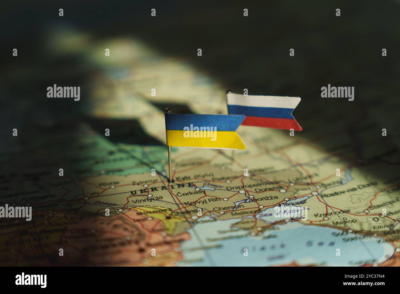 Ukrainian and Russian flag on Ukraine geopolitical map. War, Conflict ...