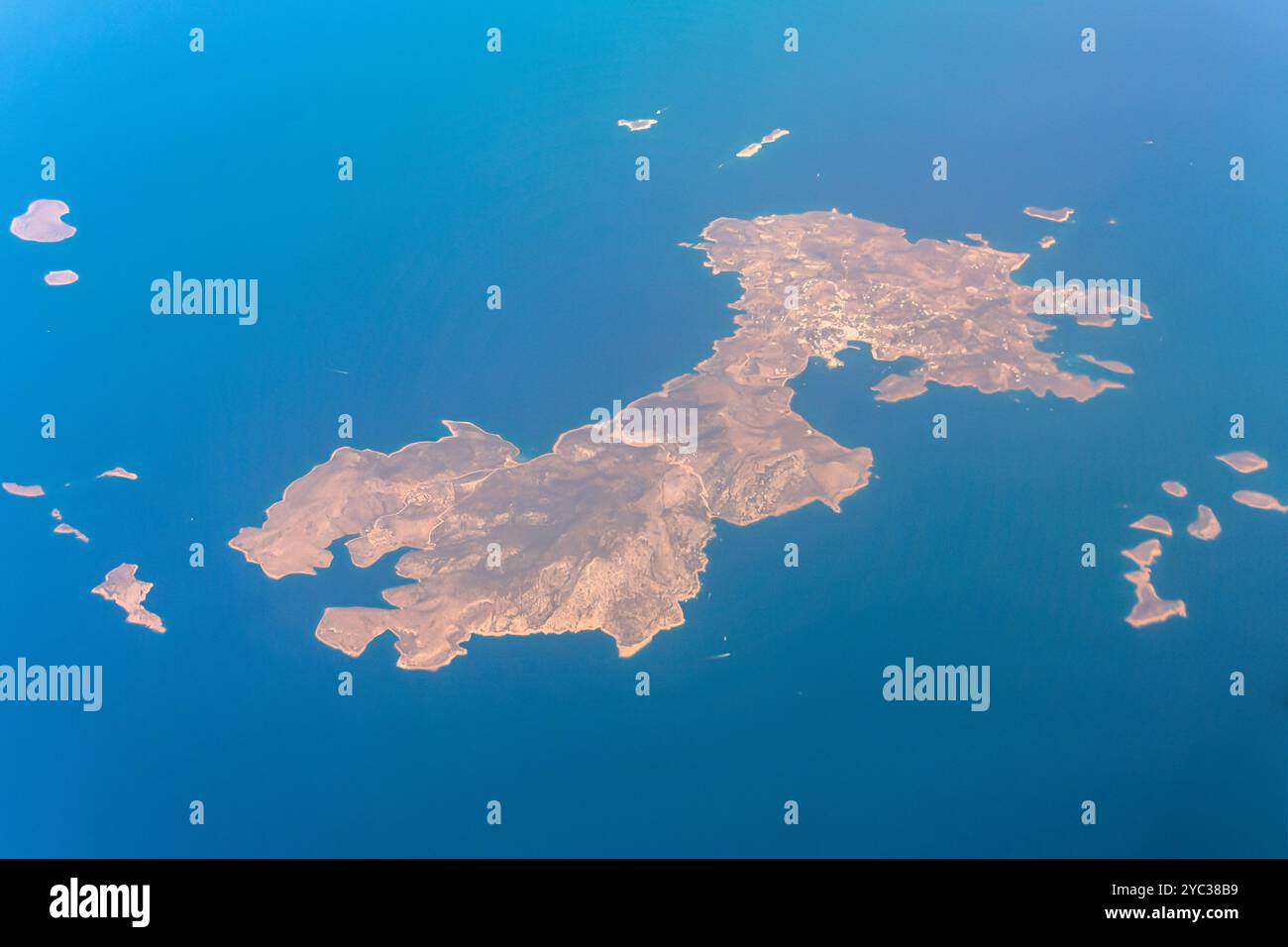 Aerial view of Tilos Island, Greece located in the northeastern Aegean ...