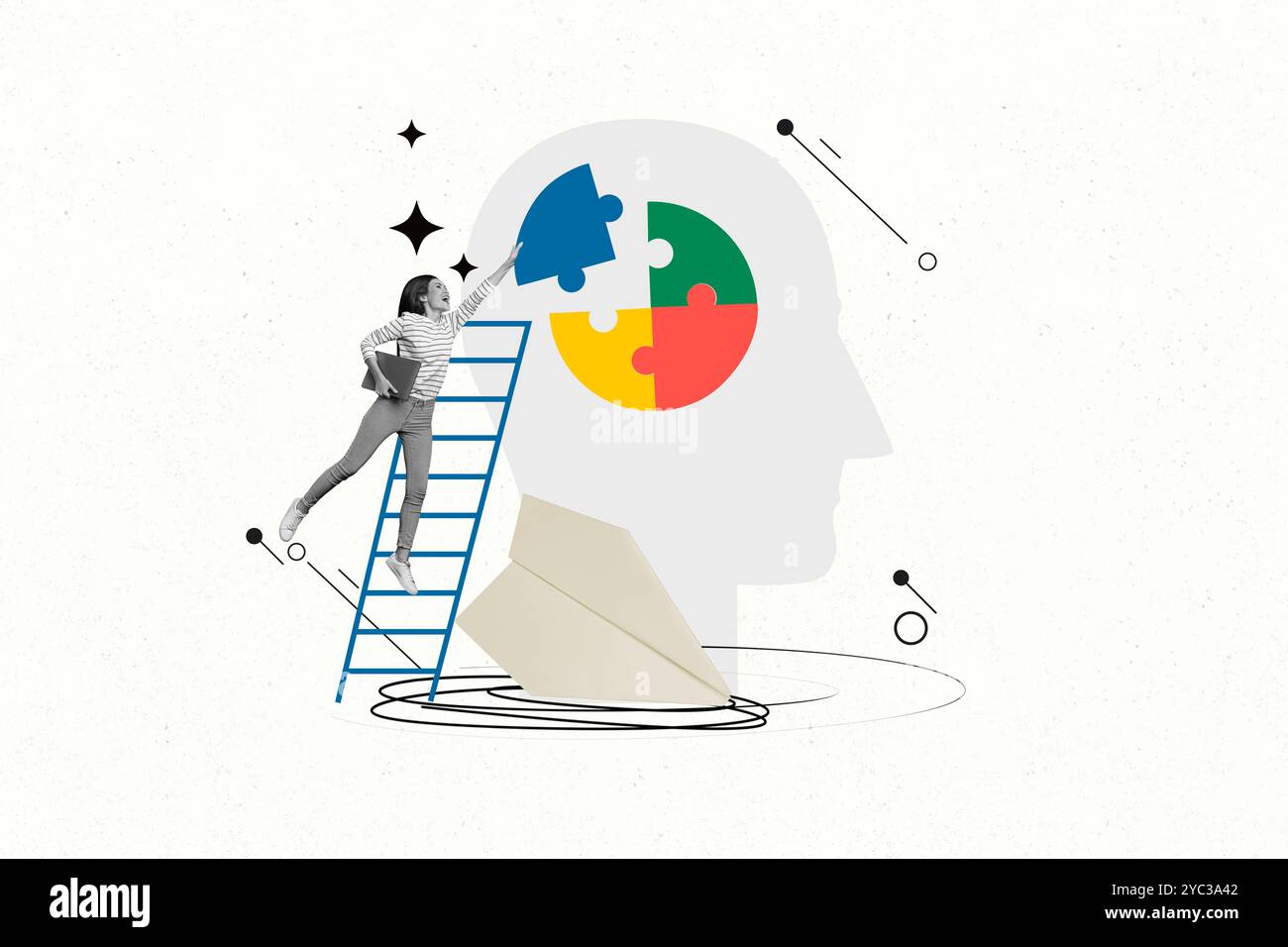 Creative photo collage young woman reach top ladder success accomplish ...