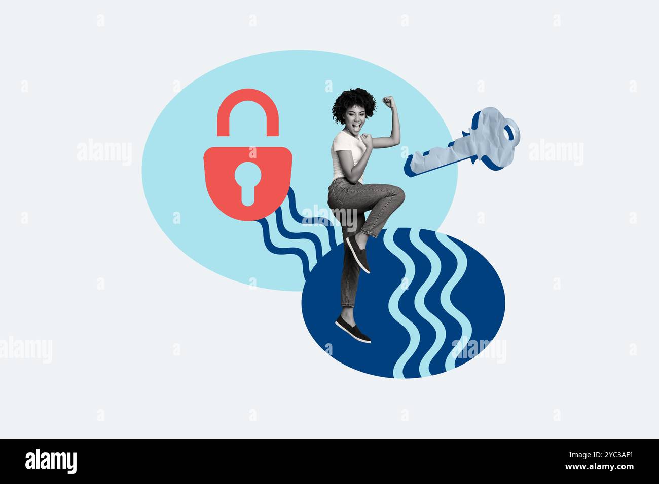 Collage image young girl celebrate success victory winner keyhole ...