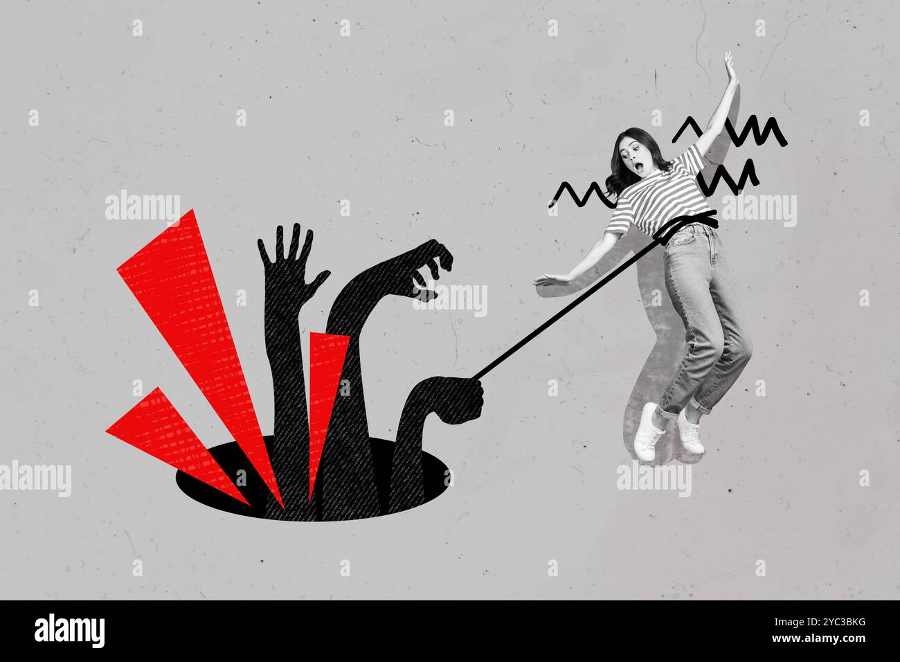 Composite photo collage of scared panic girl catch bullying trap string ...