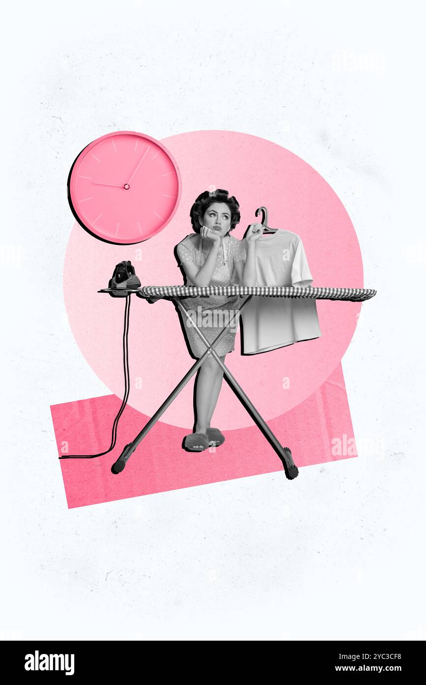 Vertical creative collage young dreamy thoughtful housemaid clothes ...