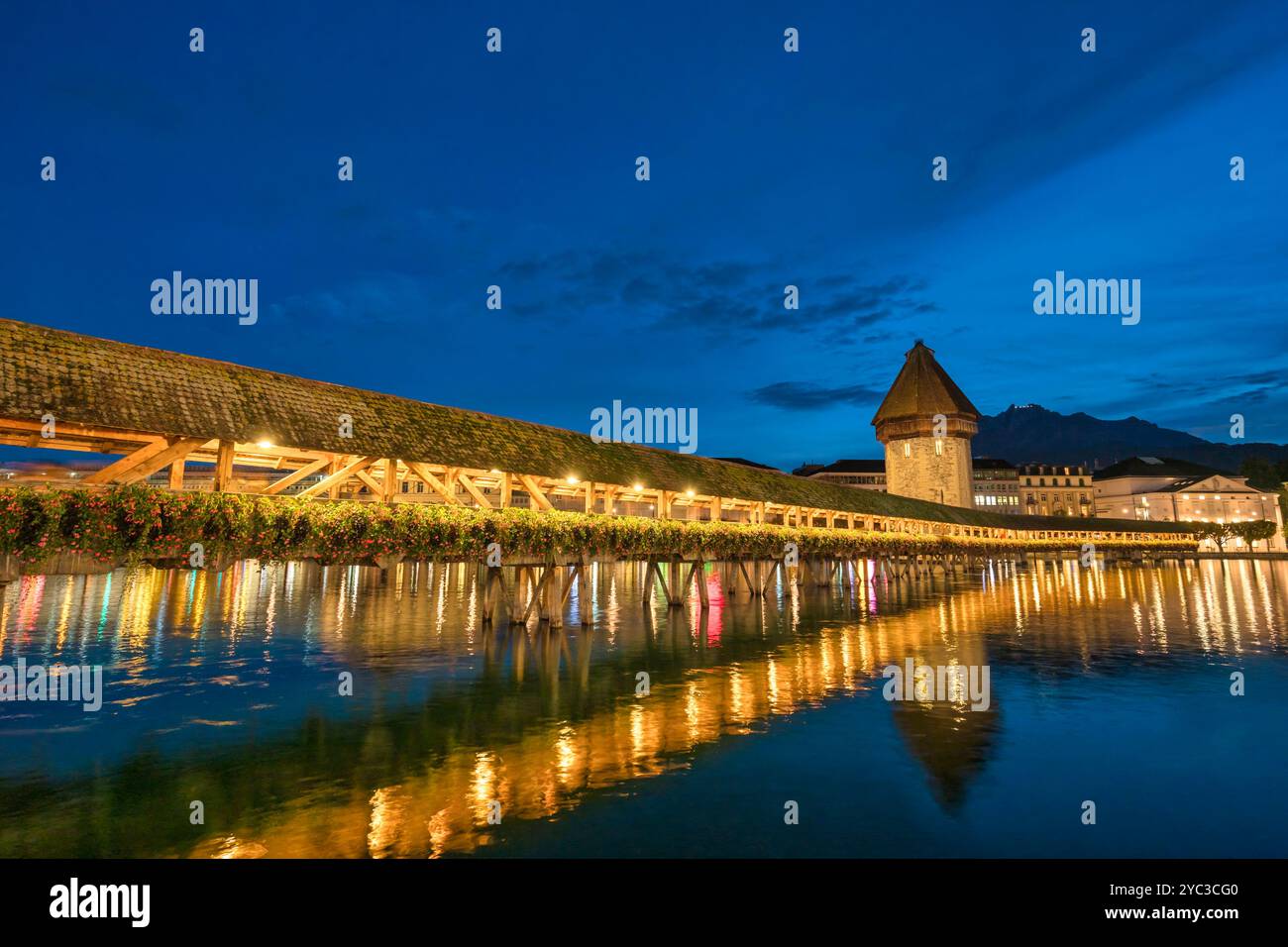 Lucerne (Luzern) Switzerland night city skyline at Chapel Bridge Stock ...