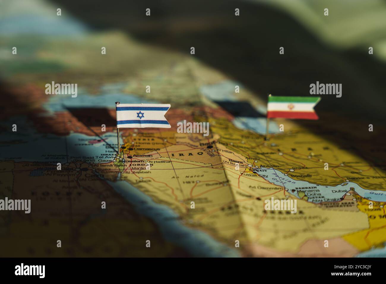 Israel and Iran flags on Middle east political map. Crisis and war ...