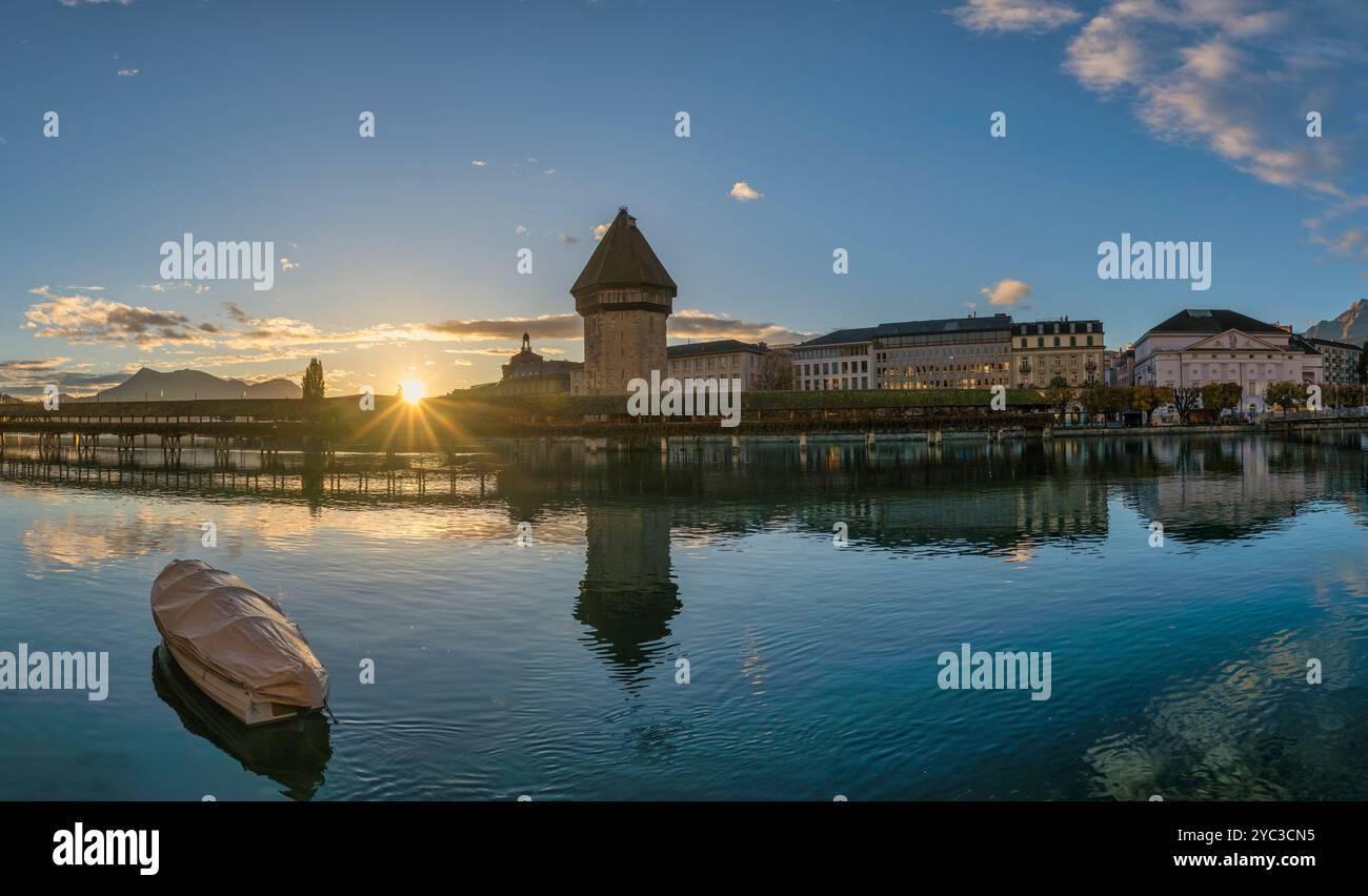 Lucerne (Luzern) Switzerland sunrise panorama city skyline at Chapel ...