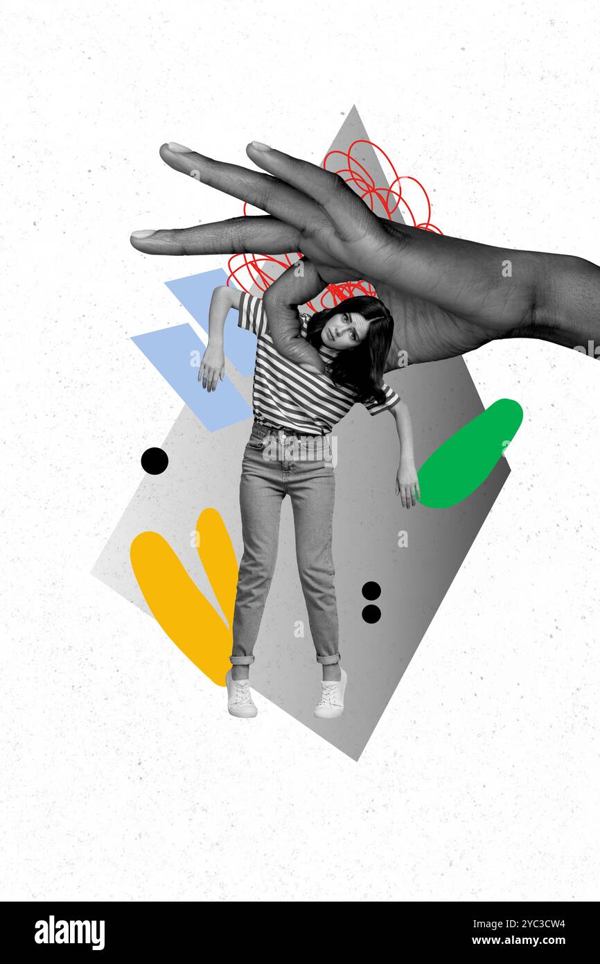 Vertical creative art collage of unhappy girl marionette hang puppeteer ...