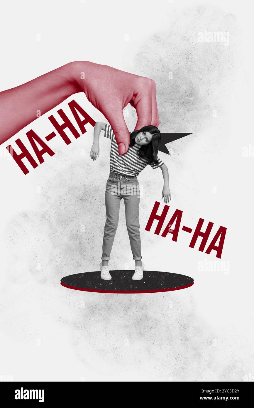 Vertical photo collage of upset girl marionette toy hand exploitation ...