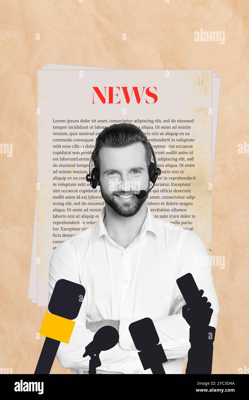 Vertical poster collage young cheerful man headphones operator ...