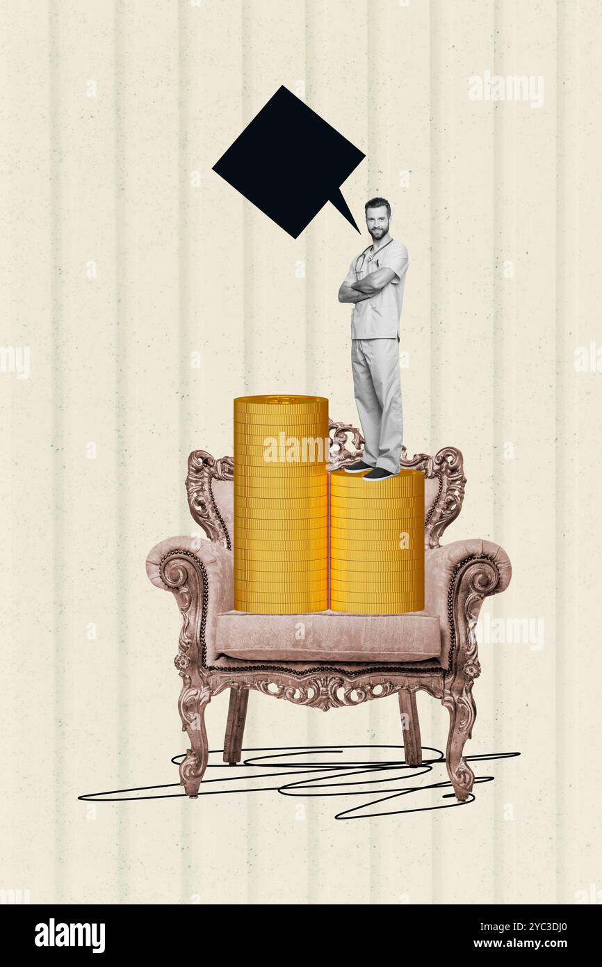 Vertical photo collage of happy doctor man stand coin stack royal ...