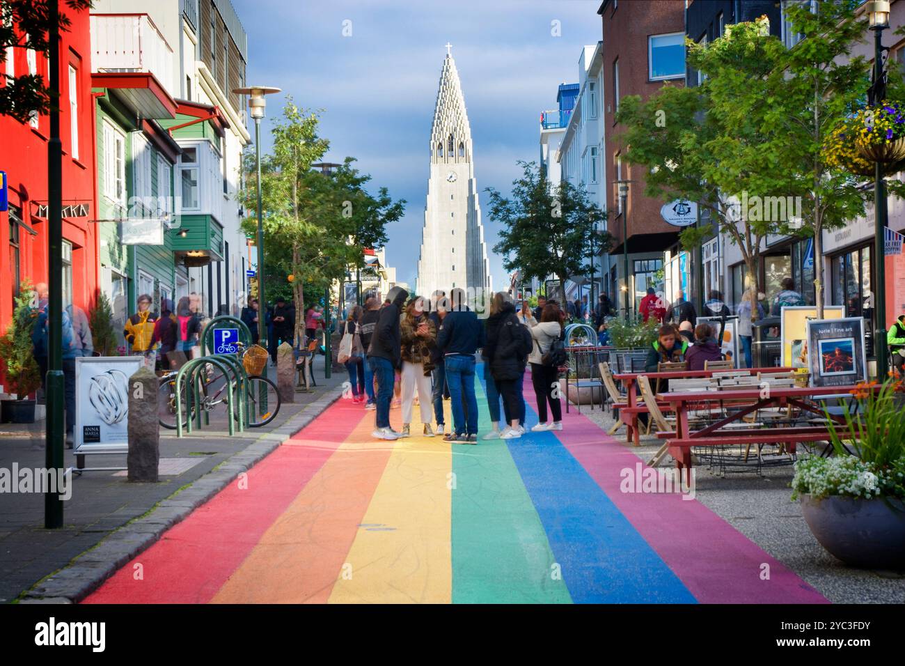 Rainbow Street in Reykjavik lined with cafes and souvenir shops ...