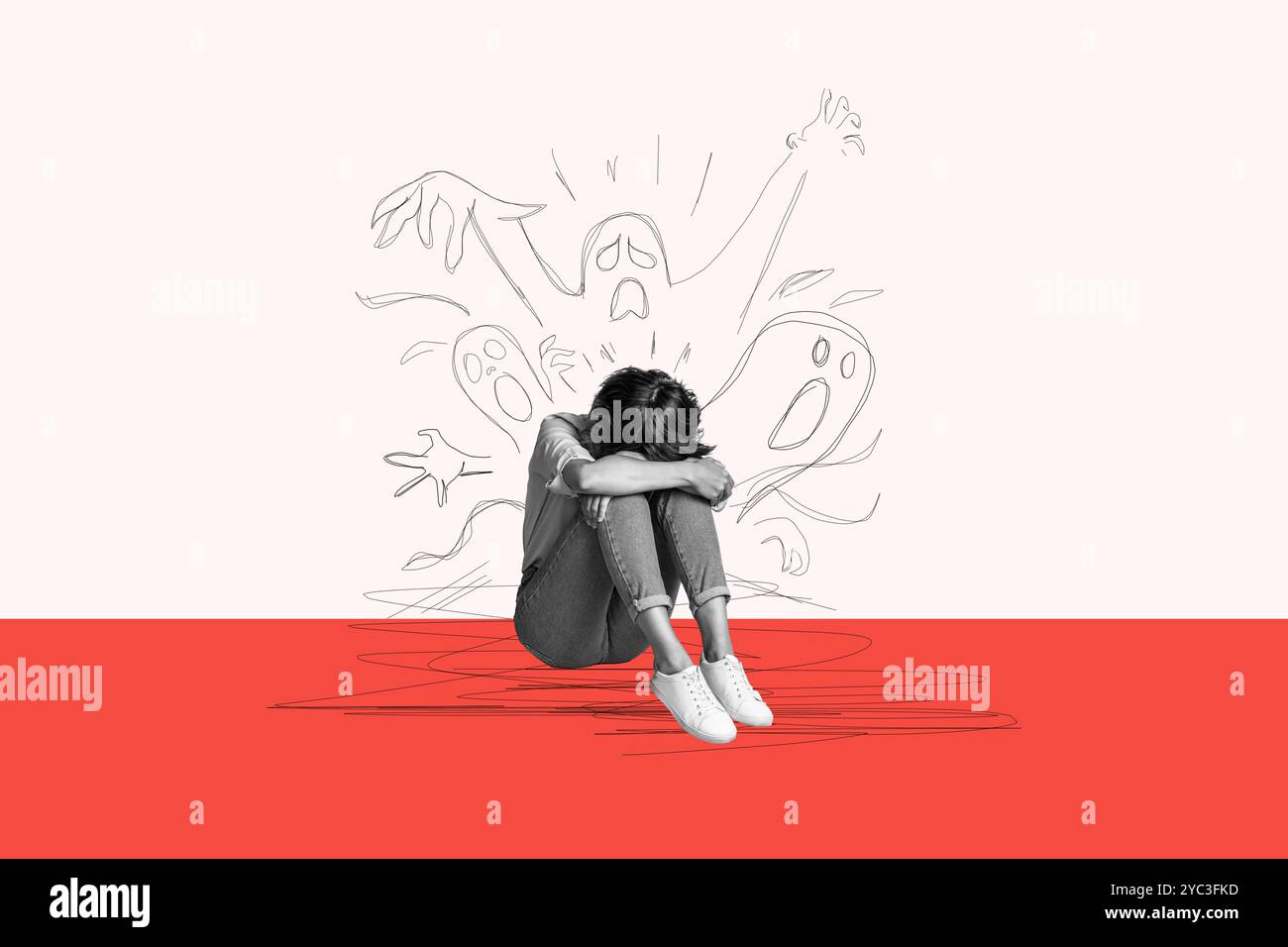 Composite trend artwork sketch image collage of monochrome miniature ...