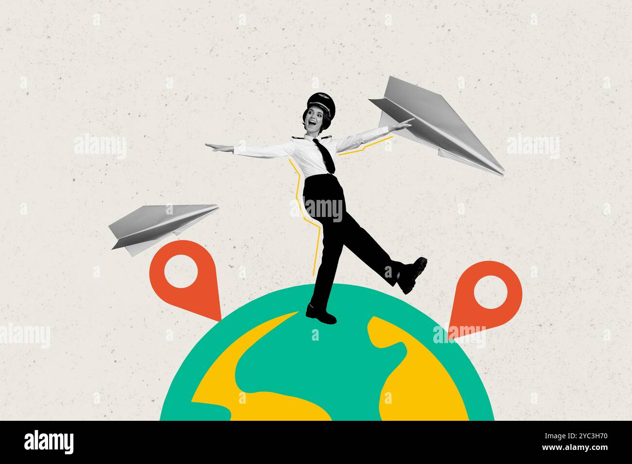 Composite photo collage of happy pilot girl stewardess dance geometric ...