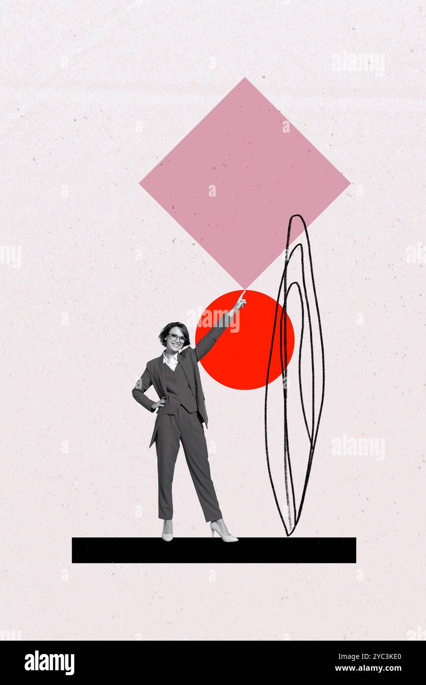 Vertical poster collage young businesswoman achieve goal aim target ...