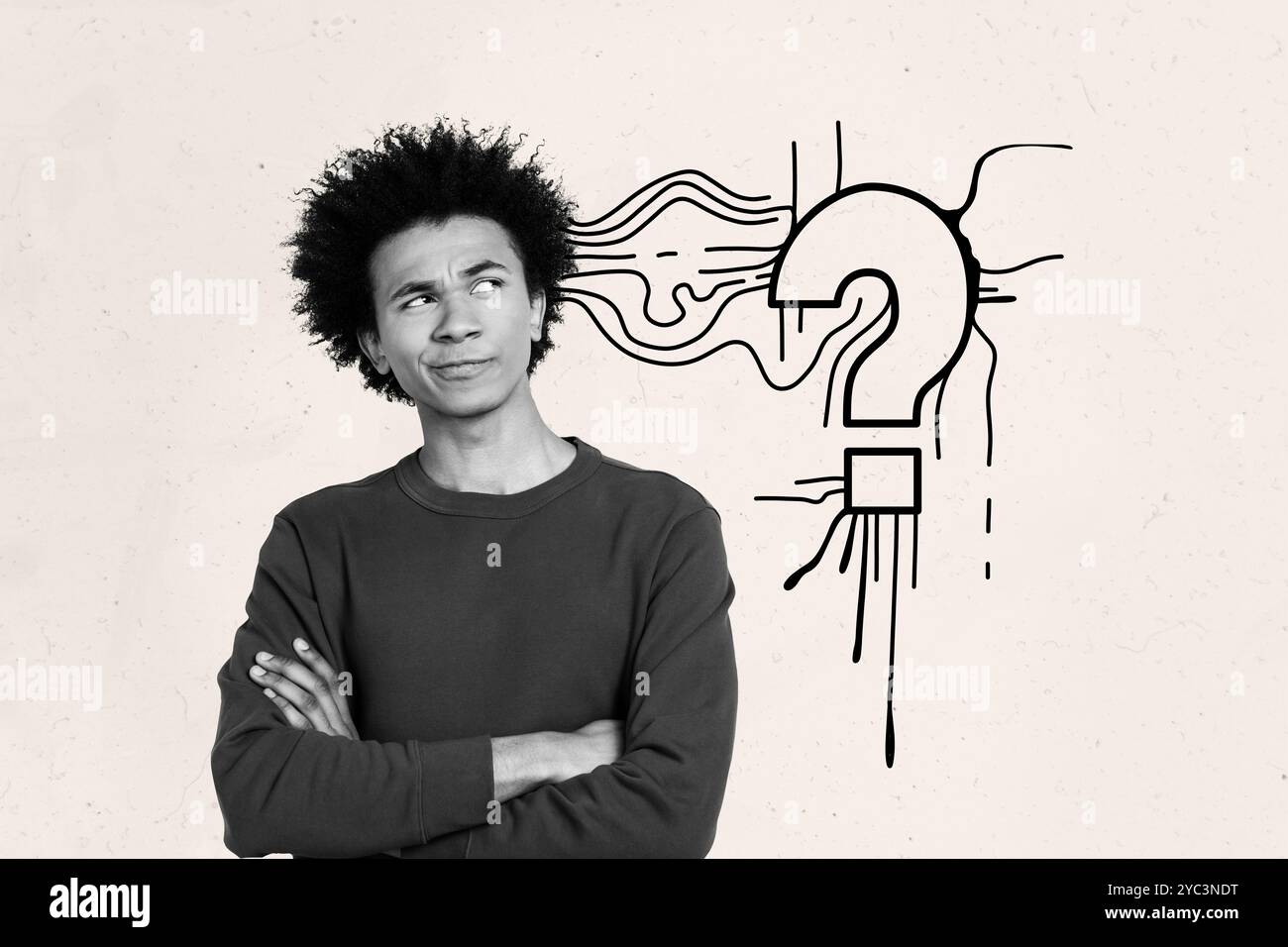 Creative collage picture young man folded hands think decide find ...