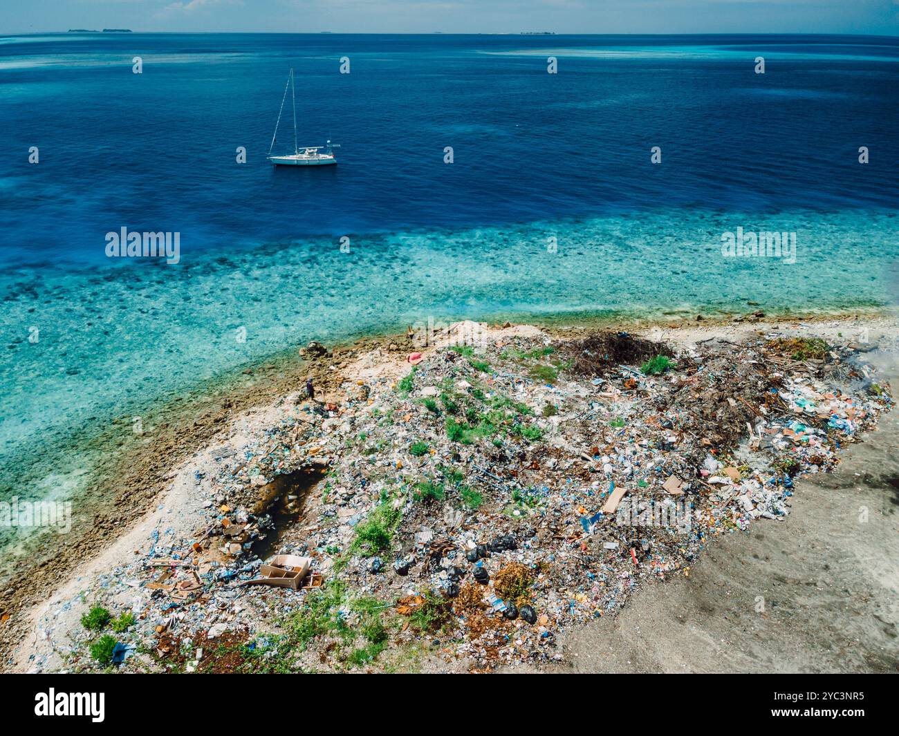 Toxic dump on island in Maldives. Aerial view of rubbish pollution ...