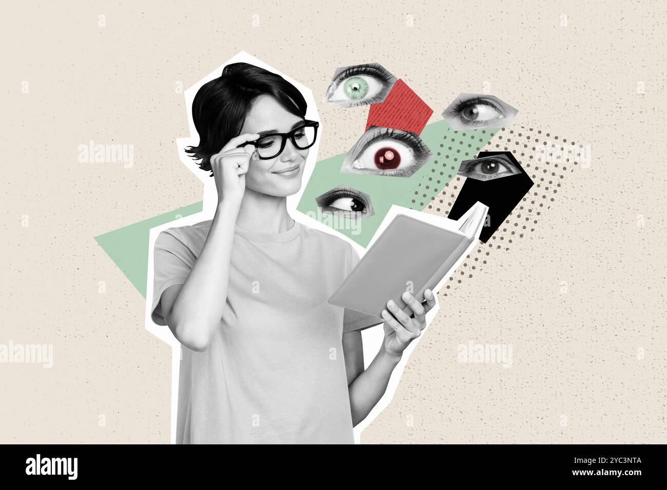 Composite artwork vertical poster of young lady geek study education ...