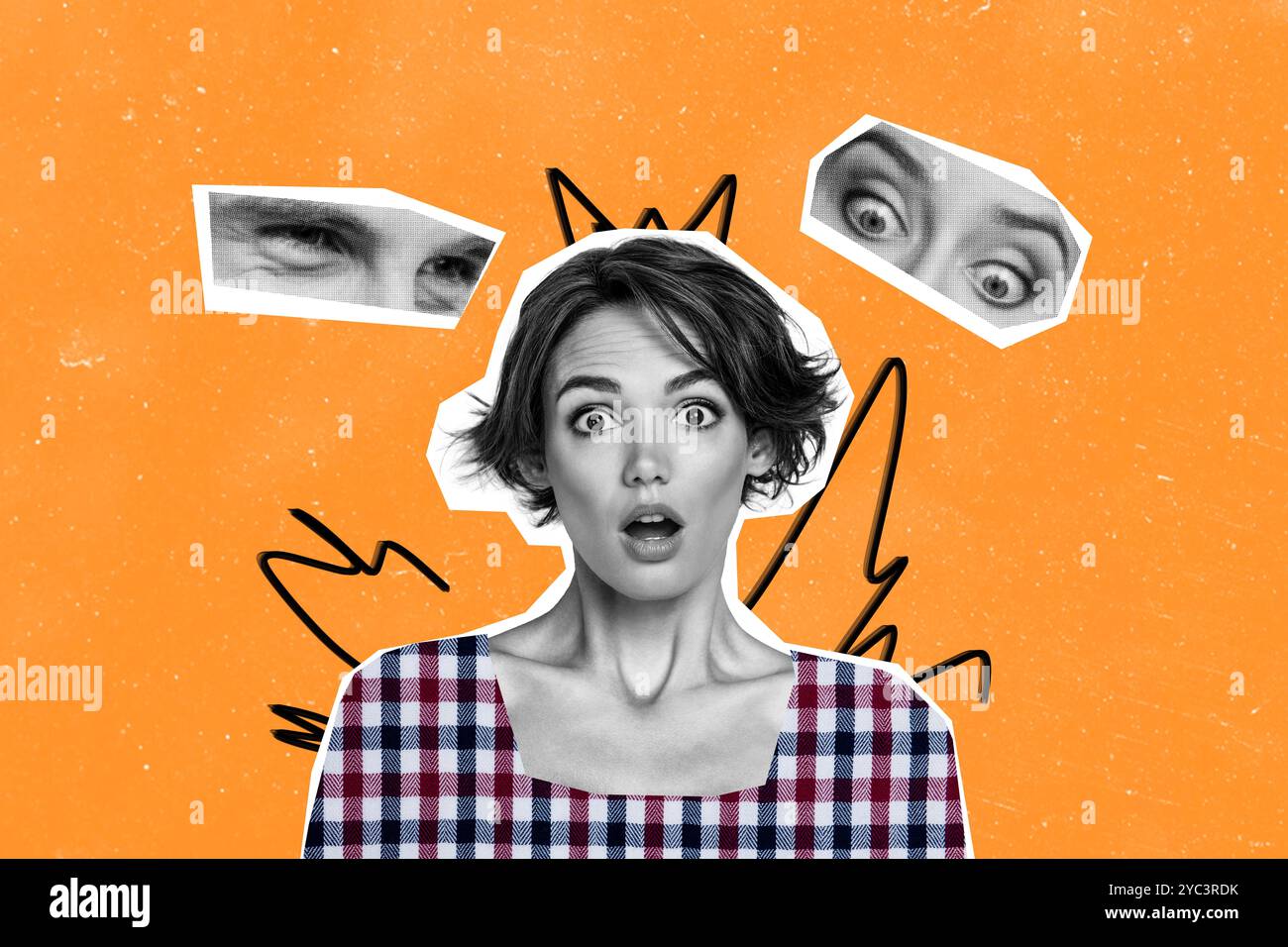 Creative photo collage picture young astonished impressed woman face ...