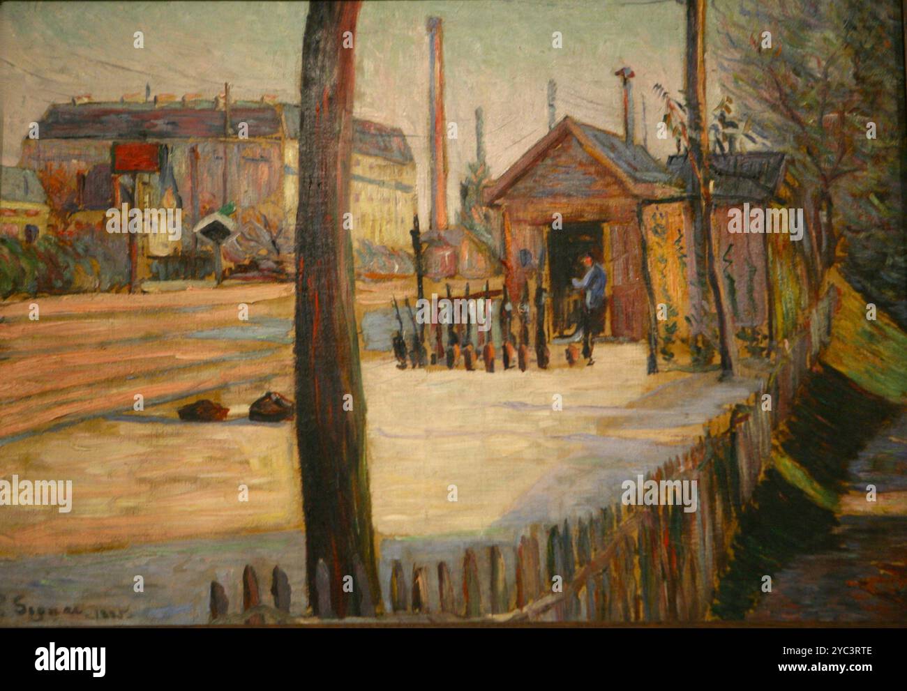 The painting shown is "Railway Junction near Bois-Colombes" by the ...