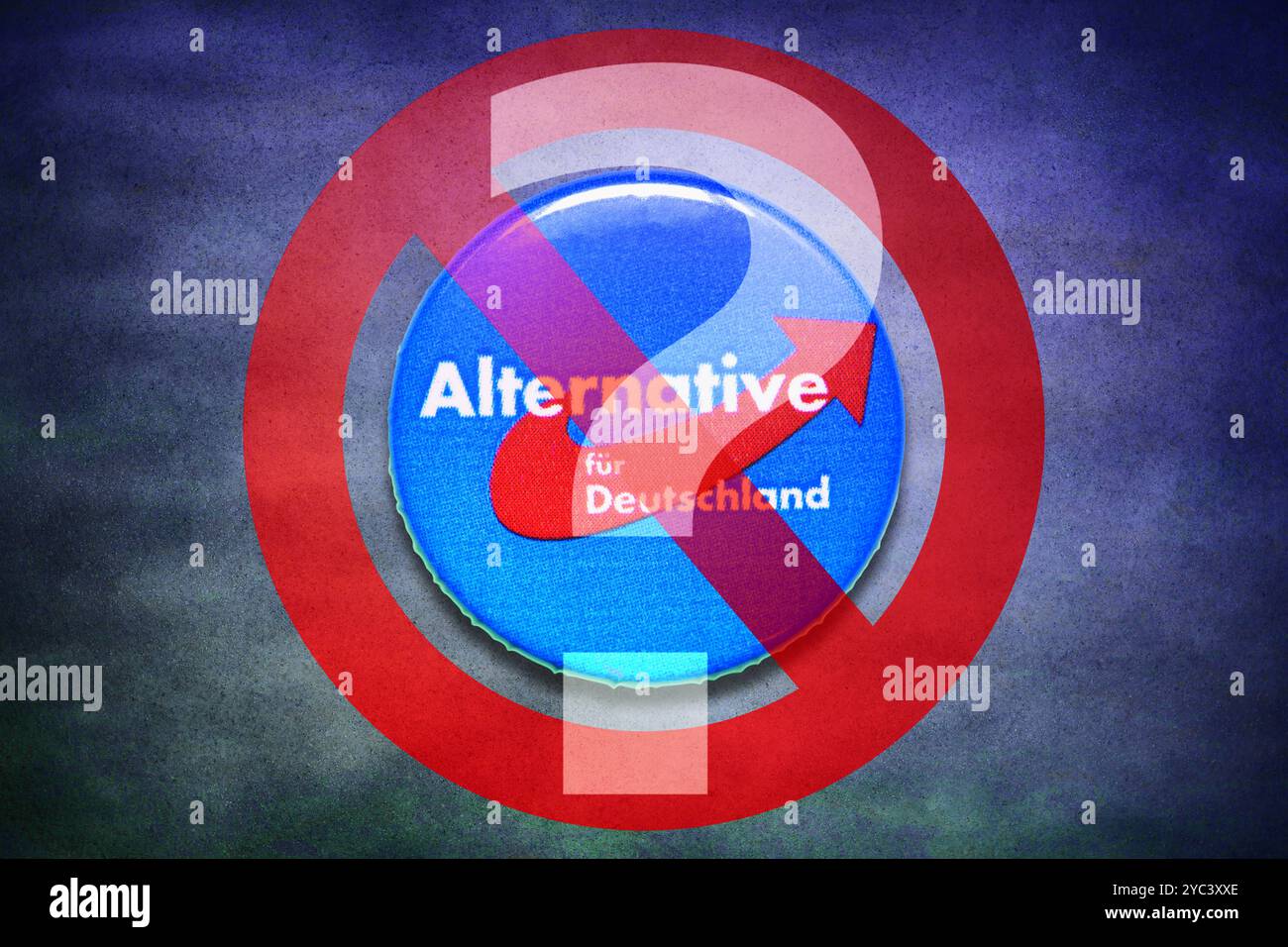 FOTOMONTAGE, Anstecker mit AfD-Logo und Verbotsschild mit Fragezeichen ...
