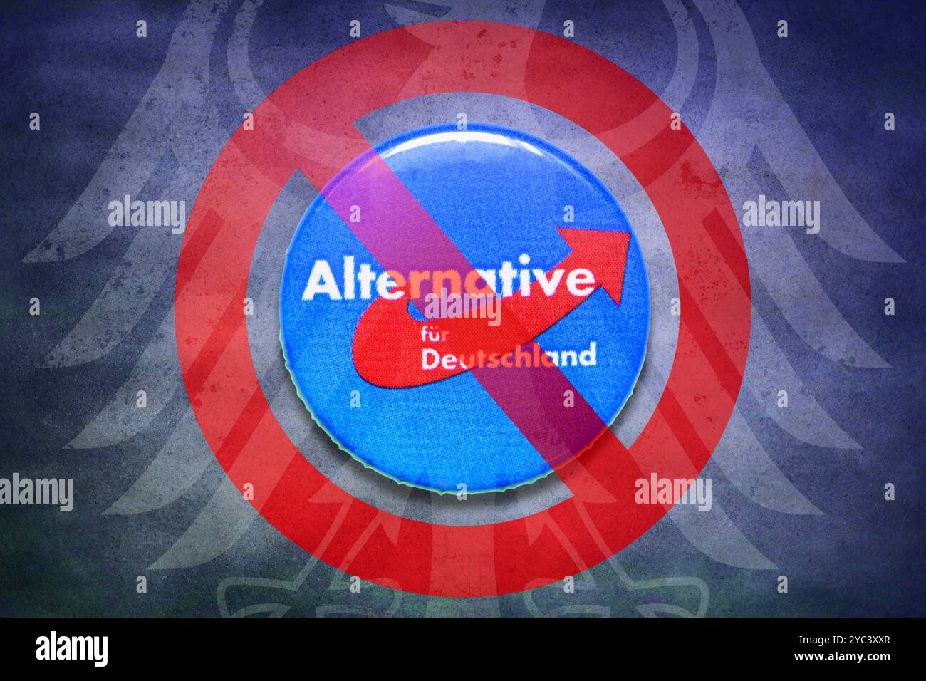 FOTOMONTAGE, Anstecker mit AfD-Logo, Verbotsschild und Bundesadler ...