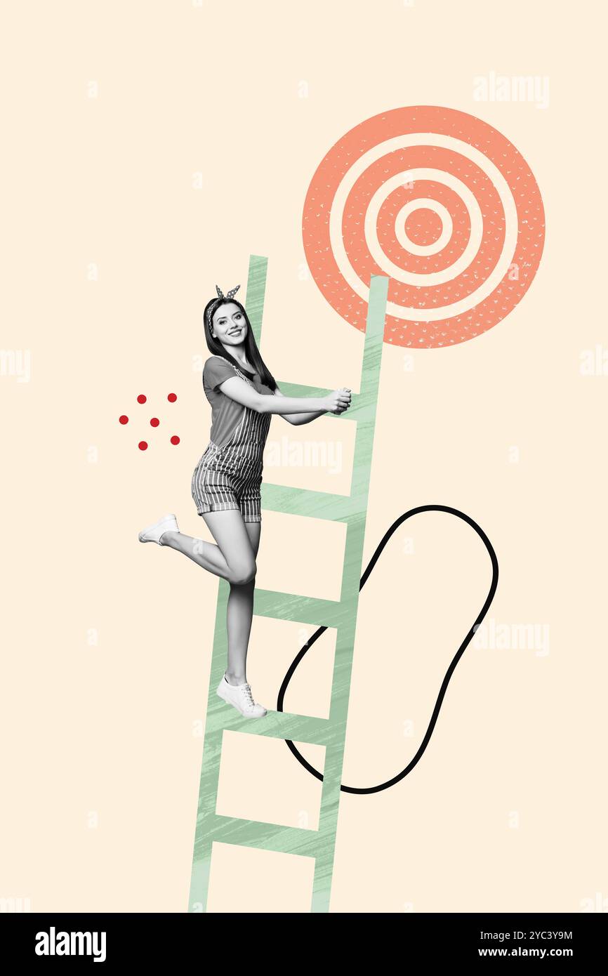 Creative trend collage of lovely young female climb ladder marketing ...